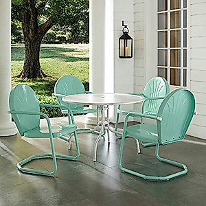 Crosley Furniture KOD10010AQ Griffith Retro Metal Outdoor 5-Piece Dining Set with 39" Table and 4 Chairs, White and Aqua