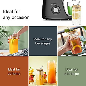 Jocuu Glass Cups with Lids and Straws, Set of 4 Beer Can Glasses, 16 oz each Ice Coffee Cup, Glass Tumbler, Drinking Jars, Drinking Glasses for Smoothie Boba Coffee Beer Tea