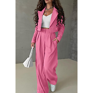 PRETTYGARDEN Women's 2 Piece Casual Outfits Cropped Blazer Jackets High Waisted Wide Leg Work Pants Suit Set (Pink,Medium)