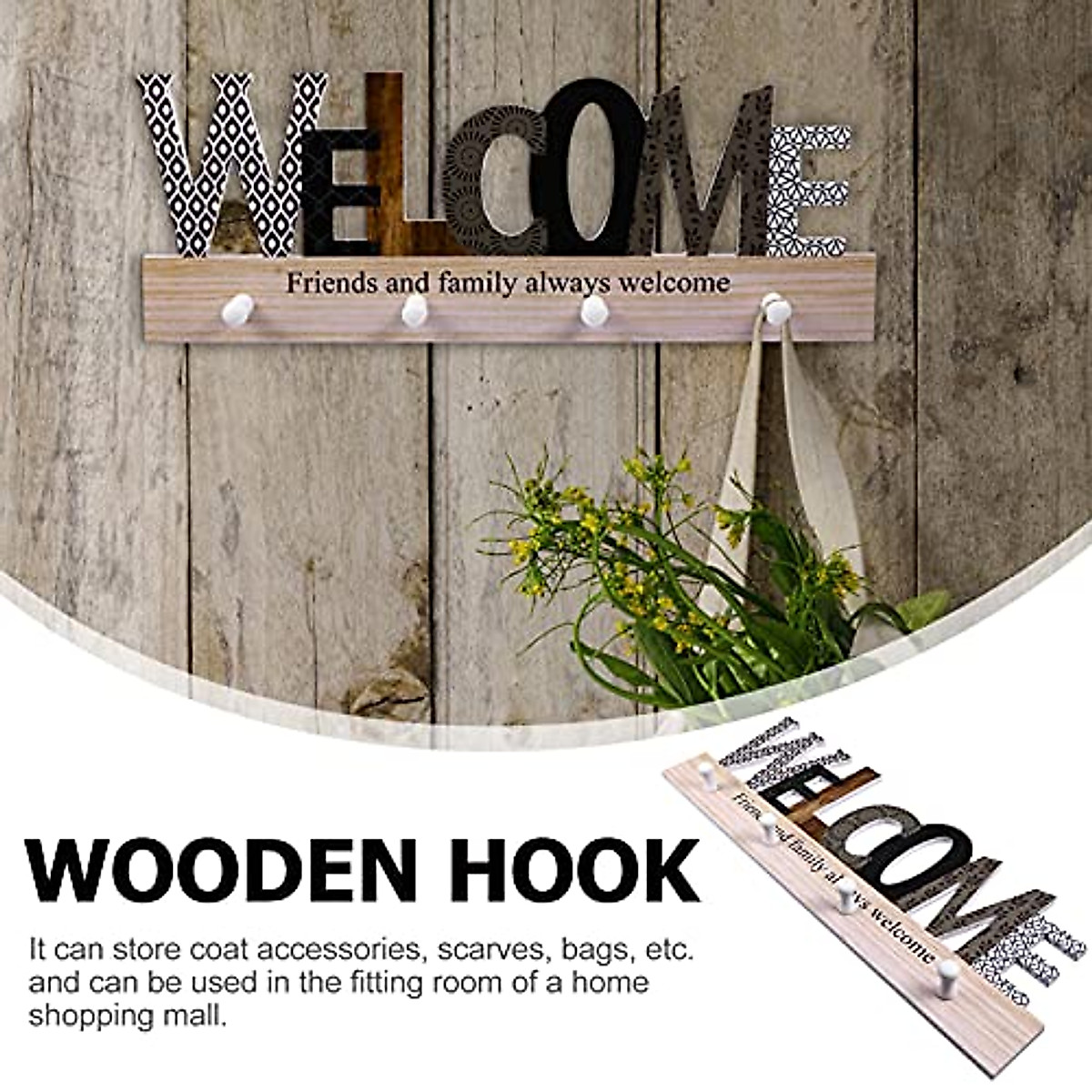 Wakauto Wooden Wall Hook Hanger with Welcome Signs for Coat Rack Caps Purses Hats Scarves Towels Umbrella Storage Organizer 50x18. 5cm