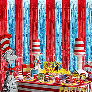 Circus Carnival Red Blue Tinsel Foil Fringe Curtains - Dr Seuss Birthday Dr. Suess Cat in The Hat Theme Party Indoor Outdoor Decoration Photo Props Backdrops Nurse Graduation Party Supplies