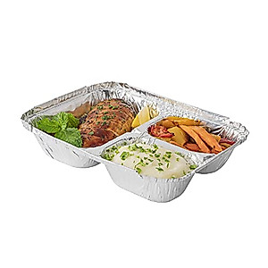 Restaurantware Foil Lux 23 Ounce Aluminum Food Containers 100 Rectangle Aluminum Pans - Lids Sold Separately 3 Compartments Silver Aluminum Foil Containers For Storing Baking And Meal Prep