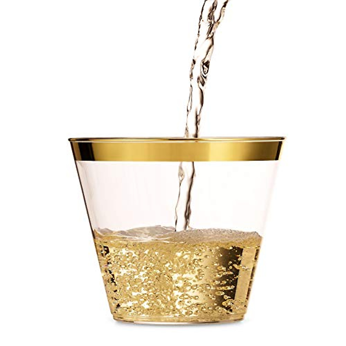 Munfix 100 Gold Plastic Cups - 9 Oz Clear Old Fashioned Tumblers - Fancy Gold Rimmed Cups - Disposable Wedding Cups - Elegant Party Cups with Gold Rim