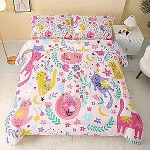 QOOMO Floral Cat Comforter Twin Size,Pink Cat Comforter Set for Kids Teens Girls,3Pcs Bedding Set Printed Comforter with 2 Pillowcases,Down Alternative,Soft and Lightweight(Pink，Twin Size)
