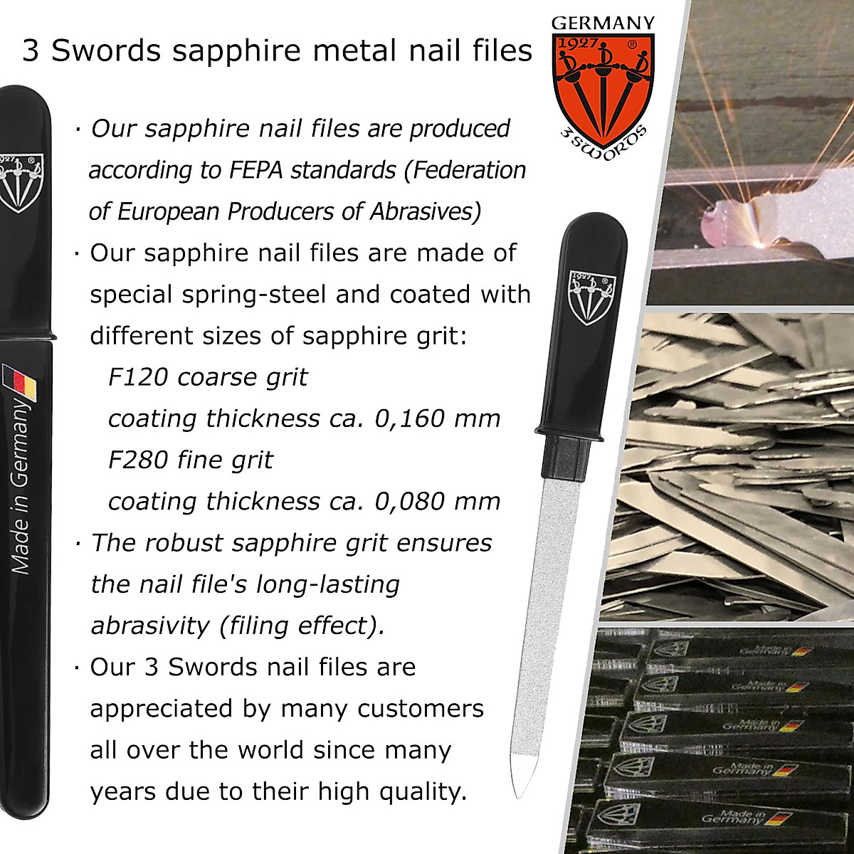 3 Swords Germany - brand quality double sided (fine & coarse) SAPPHIRE POCKET NAIL FILE manicure pedicure grooming for professional finger & toe nail care by 3 Swords, Made in Solingen Germany (82501)