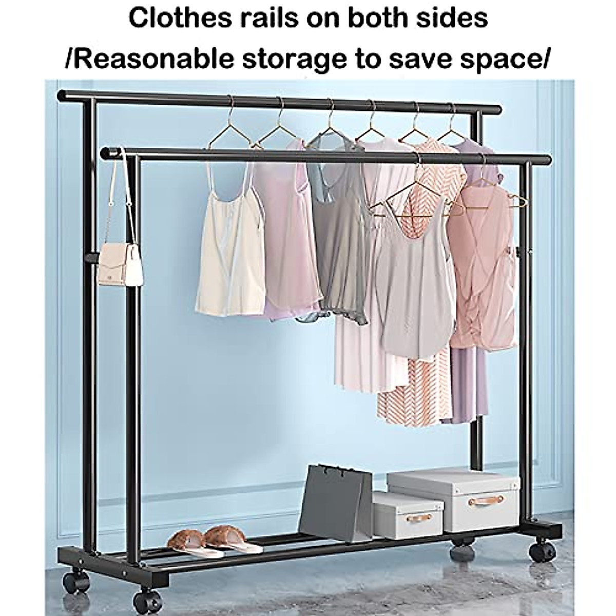 ZBYL Clothes Rack Garment Rack with Shelf Bottom, Metal Freestanding Mobile Clothing Closet Rack, Portable Rolling Clothes Organizer on Wheels, 100×131cm (Color : White, Battery *1 : 150x151cm)