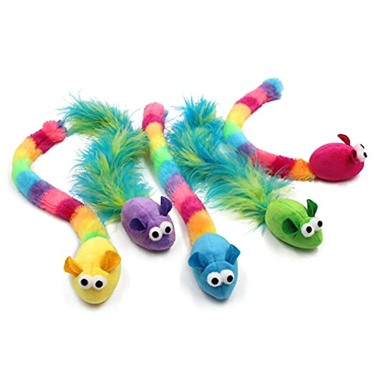 Jumpaws 5 Pack Interactive Catnip and Feather Cat Toys, Multi-Colored Mice with Long Feather Tail, Accessories for Indoor Cat, Catnip Plush Toys with Natural Feathers and Rattles