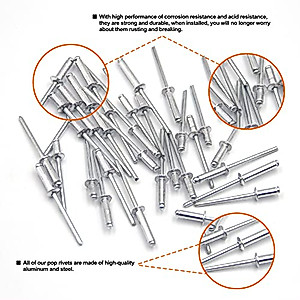 ISPINNER 500pcs 12 Sizes Aluminum Blind Rivets, Pop Rivets Assortment Kit 3/32" 1/8" 5/32" 3/16" 1/4" (Silver)
