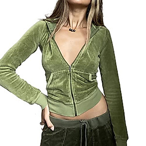 KMBANGI Zip Up Crop Hoodies for Women Vintage Graphic Hooded Pullover Y2k Oversized Drawstring Sweatshirt Jacket with Pockets(H Velvet Green,S)