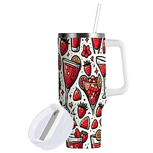 Jihqo Stropical Strawberry Cocktails 40 oz Stainless Steel Vacuum Insulated Tumbler with Handle and Straw Lid, Leakproof Water Bottle Double Wall Travel Mug Coffee Cup, Cupholder Friendly