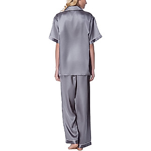 Lavenderi Women's Short Sleeve Classic Satin Pajama Set（X-Large,Silver Grey