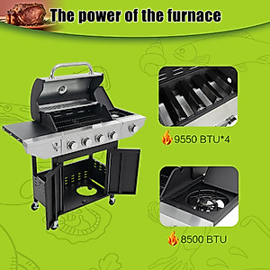 HESIEU Propane Grill 4 Burner Grill Stainless Steel Gas Grill with Side Burner and Thermometer One Touch Electronic Ignition System with Four Wheels for Outdoor BBQ, Camping