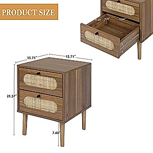 Modern Walnut Nightstand with 2 Drawers Rattan Side Table End Table with Storage Set of 2 Elegant Wood Square Bedside Tables for Bedroom Living Room Small Space(2-Pack)