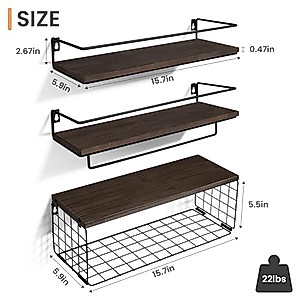 upsimples Bathroom Shelves with Storage Basket, Wall Shelves Over Toilet with Towel Bar and Paper Holder, Farmhouse Wood Floating Shelf for Bedroom, Living Room, Kitchen, Office, Dark Brown Set of 3