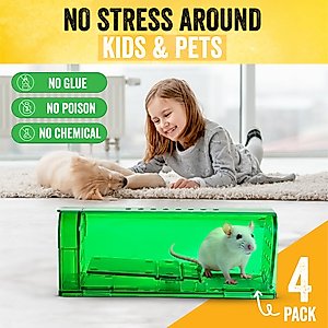 4 Pack Humane Mouse Trap with Easy Release Door, Catch and Release Mouse Traps for Small Spaces, Reusable, No Kill Mouse Traps, Humane Mouse Traps Indoor for Home