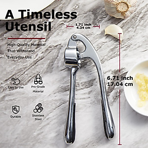 Premium Garlic Press, Garlic Mincer Set of 3 with Silicone Roller Peeler & Cleaning Brush - Gloss Silver