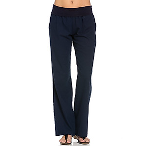 Poplooks Women's Comfy Fold Over Linen Pants (Medium, Navy)