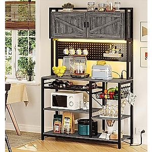 Itaar Bakers Rack with Power Outlet and Led Lights, Coffee Bar Cabinet, Microwave Stand with Wine Rack, Wire Basket, Pegboard and 8 Hoos for Kitchens with Storage, 35.4”, Grey