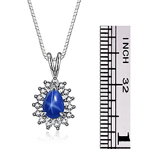 Rylos Sterling Silver Halo Pendant Necklace: 6X4MM Tear Drop/Pear Shape Blue Star Sapphire Fba & Sparkling Diamonds - 18" Chain Exquisite Birthstone Jewelry