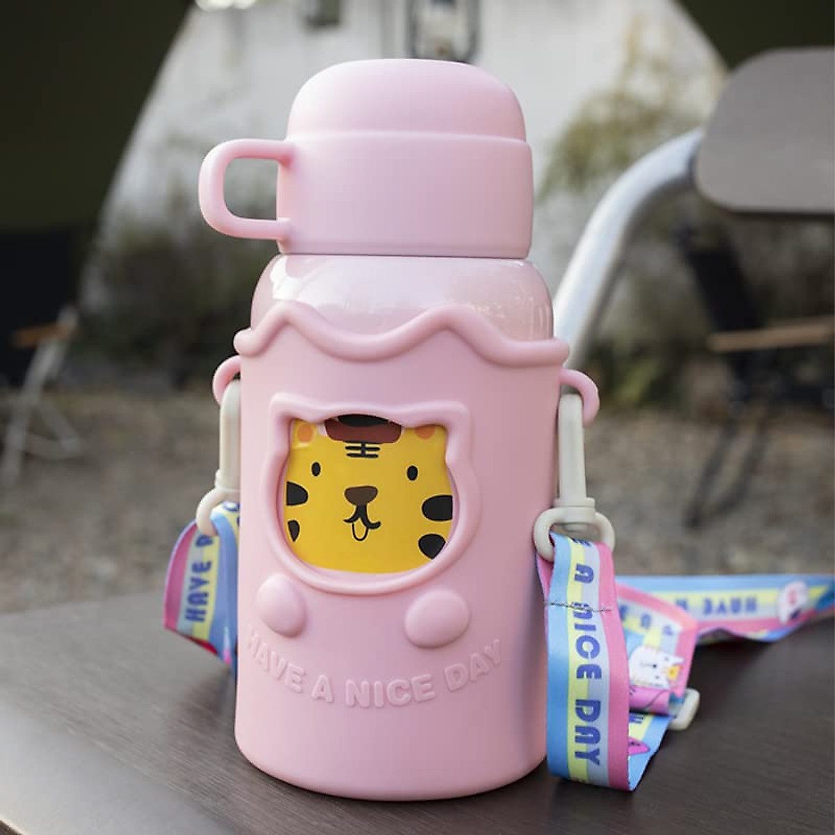 17 oz Kids Insulated Water Bottles with Sleeve - BPA Free Leakproof Sport stainless steel Motivational Water Bottle with Straw & Strap & Insulated Neoprene Holder Great Gift for Kids Women Men (Pink)