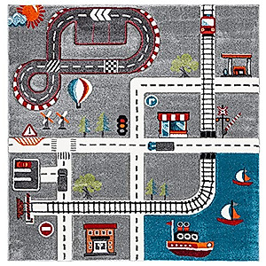 Safavieh Carousel Kids Collection Area Rug - 4' Square, Grey & Ivory, Non-Shedding & Easy Care, Ideal for High Traffic Areas for Boys & Girls in Playroom, Nursery, Bedroom (CRK192F)