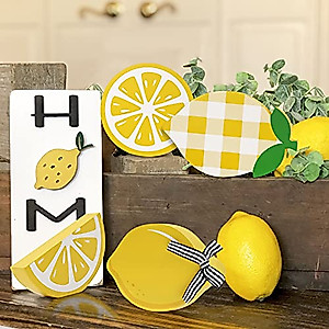 Lemon Tiered Tray Block Decor Summer Farmhouse Wooden Pieces Lemonade Yellow Buffalo Plaid Farmhouse 3D Stand Rustic Kitchen Decoration Signs Summer Gift Ideas Set of 4