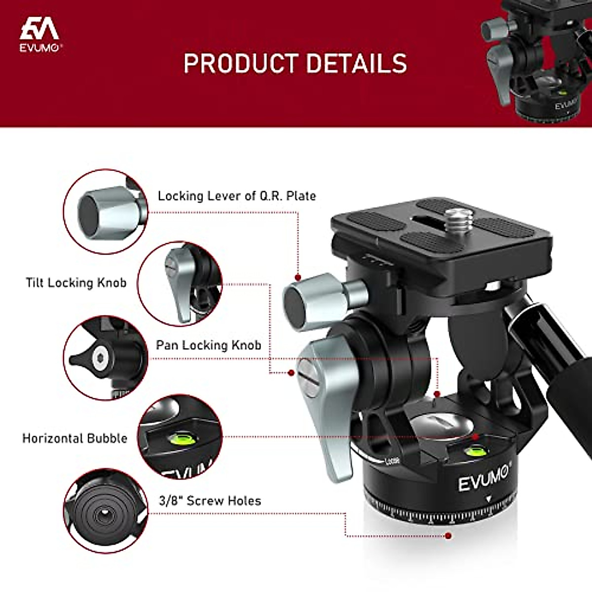 EVUMO H3 Mini Fluid Video Tripod Head, 360° Panoramic Compact Lightweight Camera Video Head for Tripod DSLR Camcorder Telescope, with Quick Release Plates & Detachable Handle, Max Load 8.8lbs/4.0kg