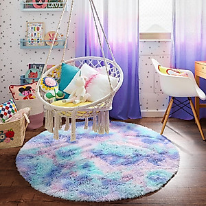 PAGISOFE Round Rugs 5Ft Cute Shaggy Circle Rug for Girls Bedroom, Purple Rainbow Rugs for Kids Room, Teen Girls, Playroom, Nursery, Fluffy Furry Pastel Mermaid Rug, Soft Plush Kawaii Tent Carpet