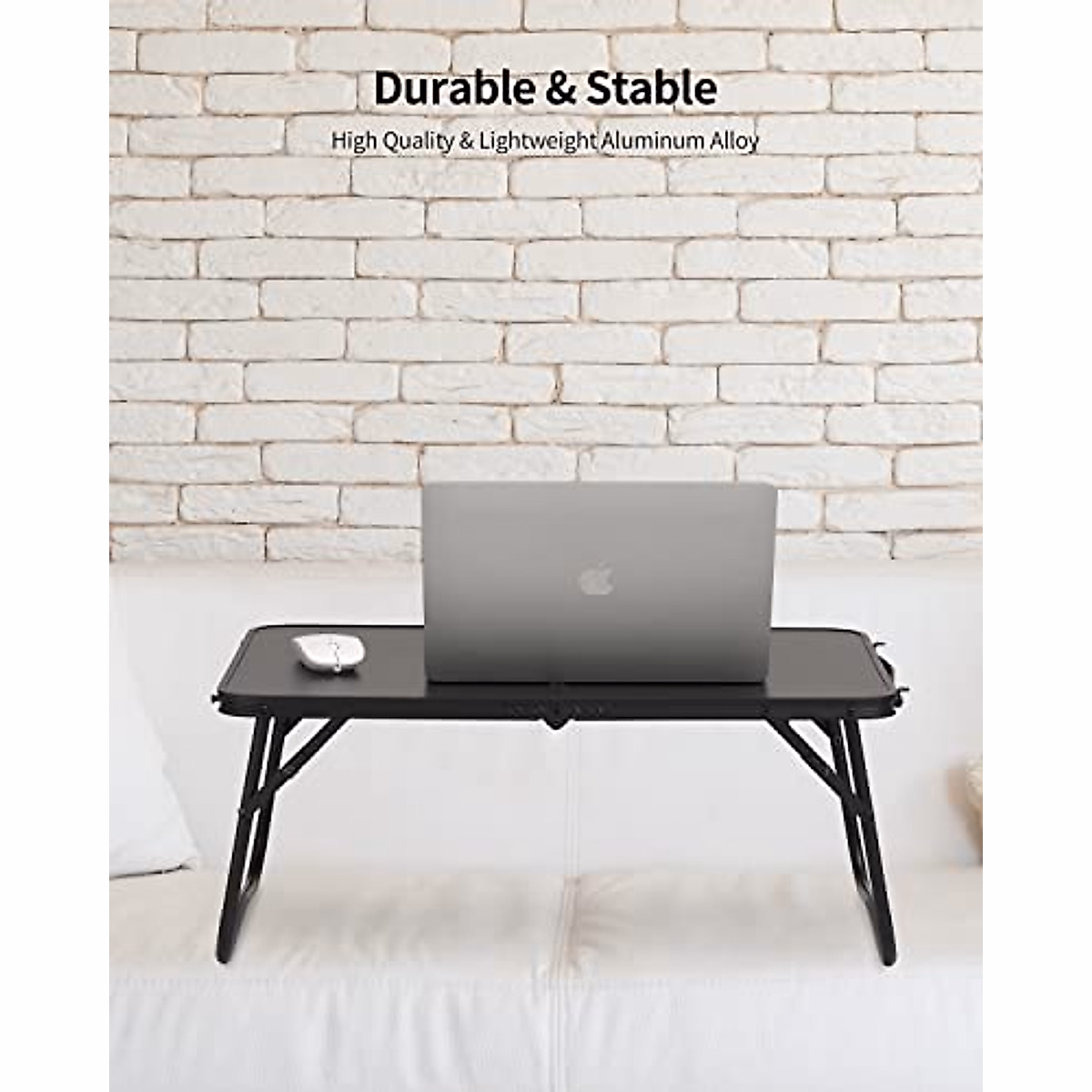 FISYOD Folding Laptop Table, Bed Table Lap Desk, Breakfast Tray Table, Portable Mini Picnic Study Reading Drawing Table, Folding in Half with Inner Storage Space (All Black)