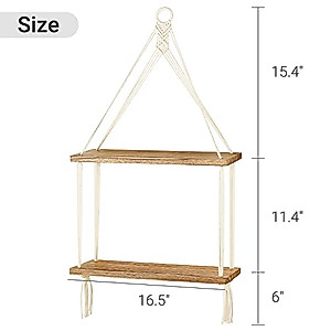 Mkono Macrame Hanging Shelf Boho Wall Decor 2 Tier Handmade Cotton Rope Rustic Wood Floating Shelves Display Photos Plants Hanging Storage Shelving for Living Room Nursery Bathroom Bedroom