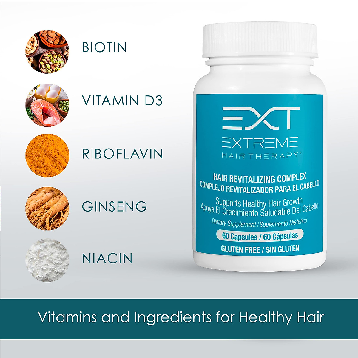 EXT Hair Loss Supplements with Biotin, Revitalizing Complex with Hair Skin and Nail Vitamins, Hair Growth Vitamins, 60 Capsules