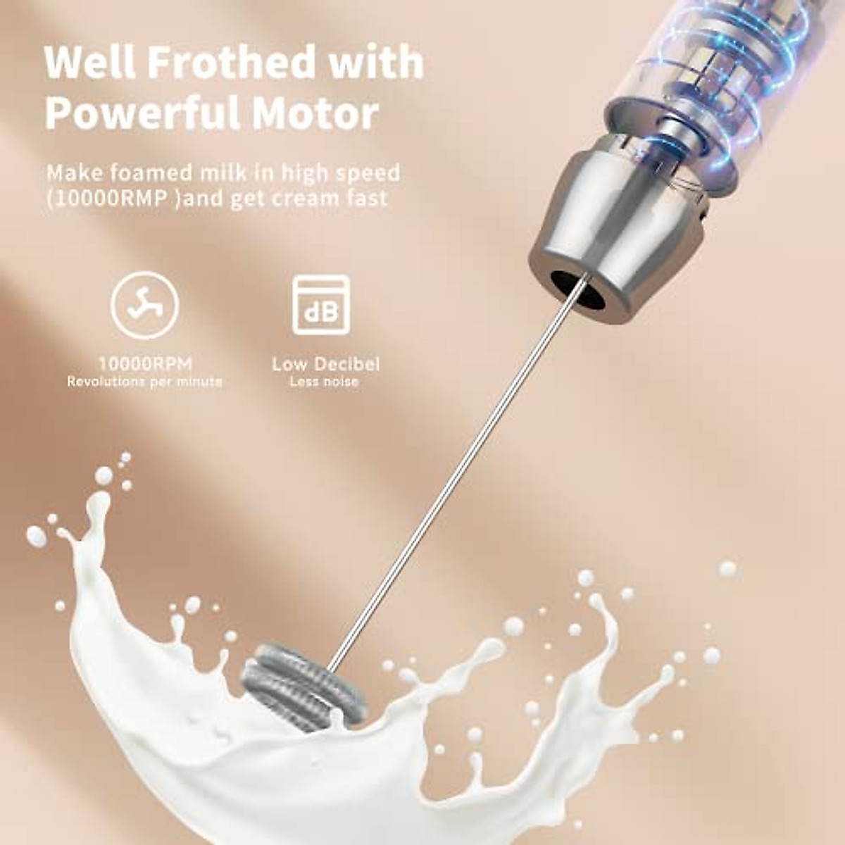 Maestri House Rechargeable Milk Frother, Handheld Electric Foam Maker Waterproof Detachable Stainless Steel Whisk Drink Mixer Foamer with Stand, 2 Whisks for Lattes, Cappuccino (White)