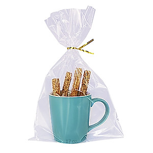 Wowfit 50 CT 9” x 14” Clear Flat Cellophane Gift Bags with 6" Gold Twist Ties, Cello Packaging for Goodies, Decorations, and Wedding Gift Wrapping