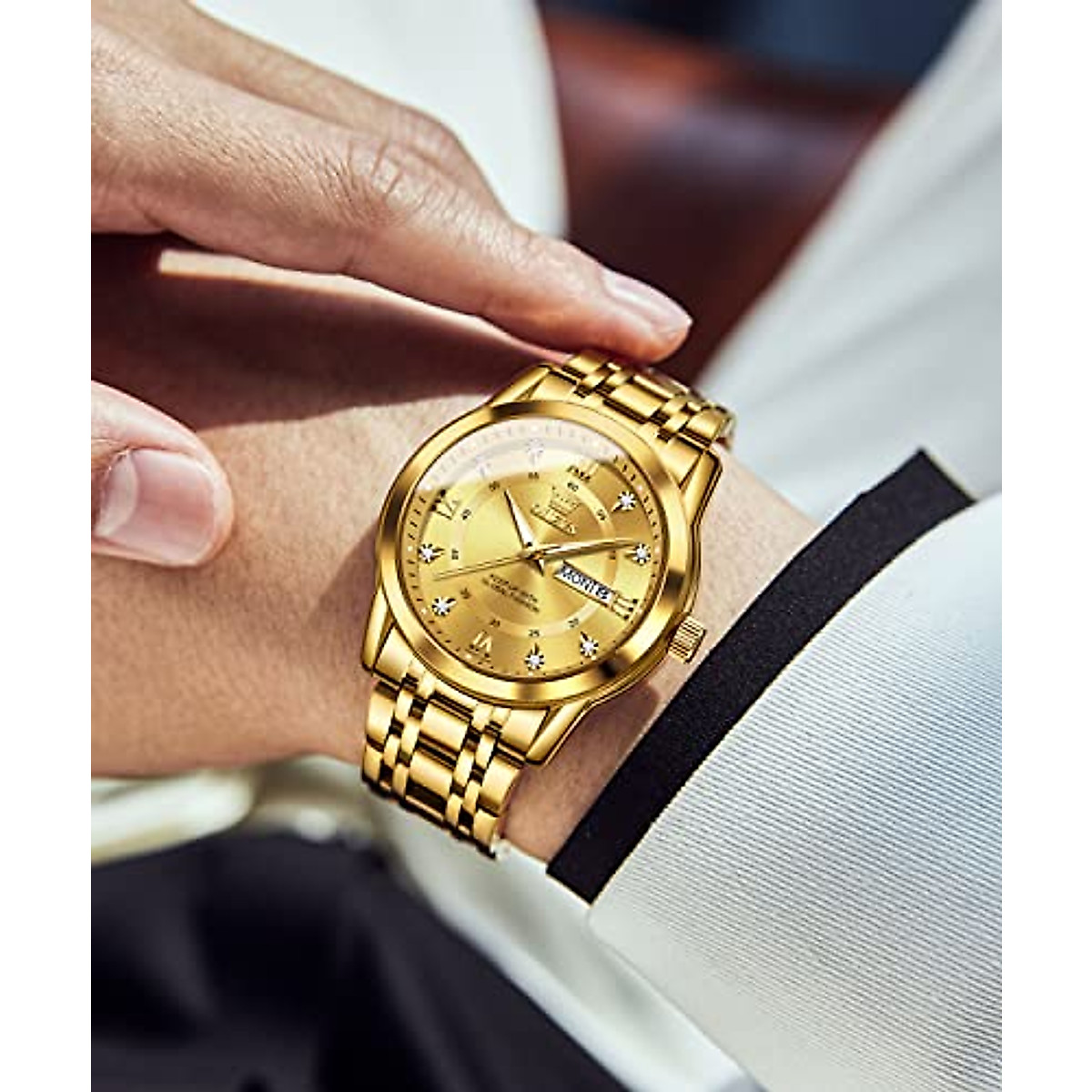 OLEVS Gold Watches for Men Luxury Stainless Steel Man Watch Roman Numerals Gold Men's Wrist Watch Waterproof Dress Analog Big Face Easy to Read Reloj De Hombre