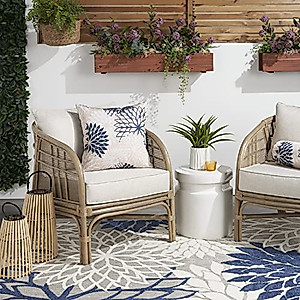 Mina Victory Aloha Floral Ivory/Navy 20" x 20" Outdoor Throw Pillow, Botanical, Patio, Couch, Bench, Easy Clean, Zipper Closure,