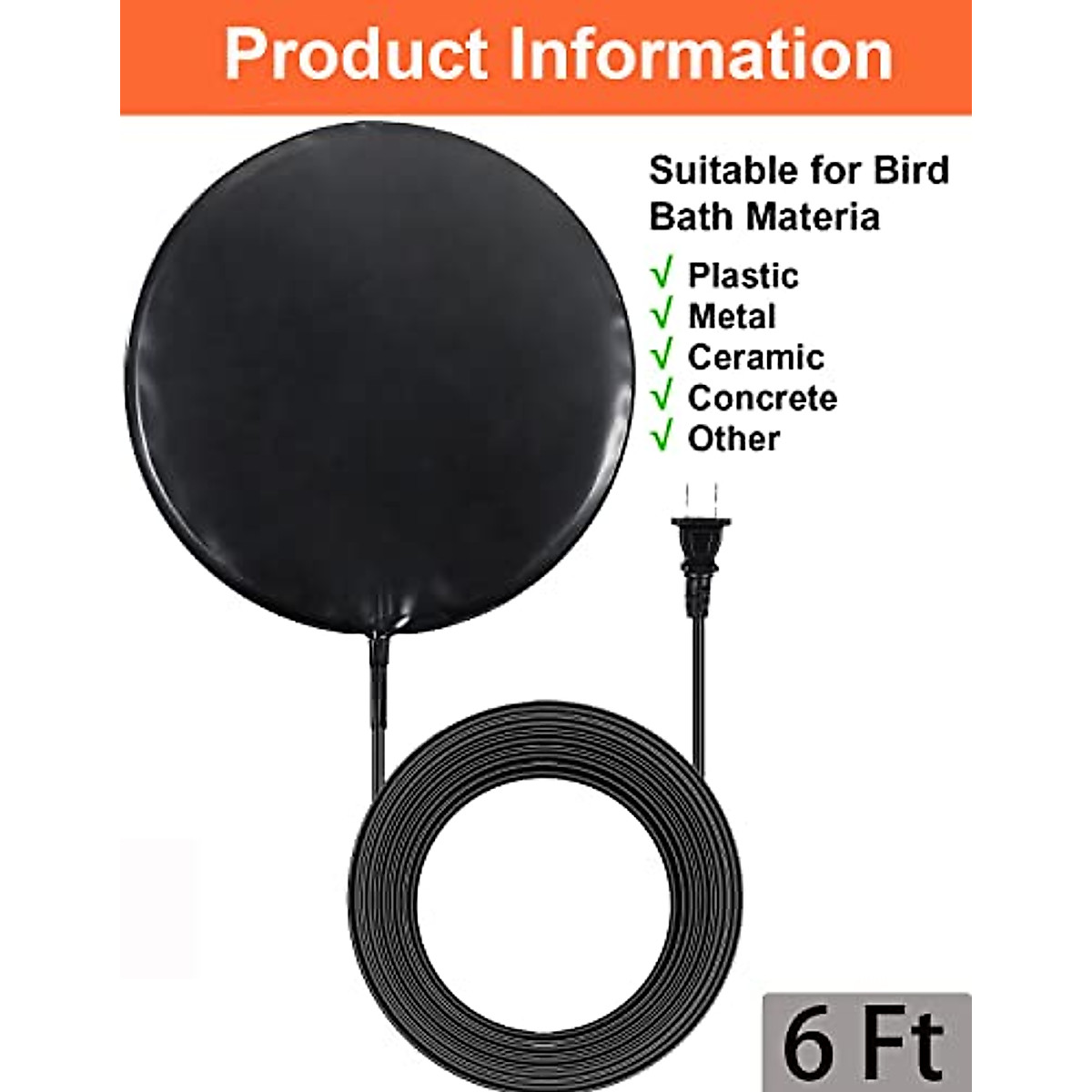 Bird Bath De Icer: for Outdoors in Winter, 6 Ft Cord, 60W Thermostatic Control Overheat Automatic Pause, Deicer for Bird Bath, Squirrel,Hummingbird Etc