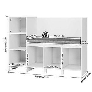 HOUSUIT 43.3" Kids Reading Nook Bench, Nursery Bookshelf and Bookcase with Seat Cushion, 6-Cubby Book Shelf Storage Organizer for Playroom, Bedroom, Living Room, Entryway, White