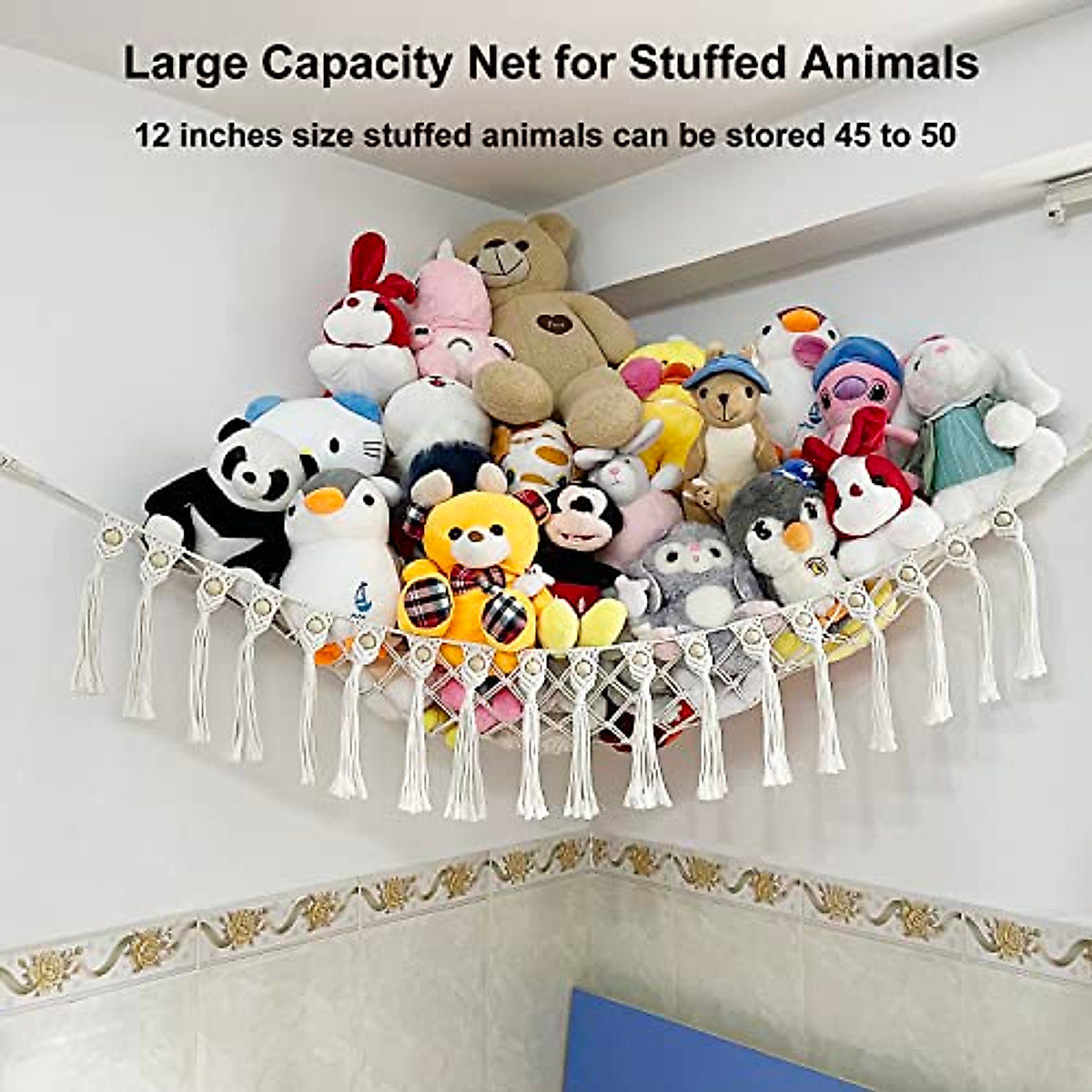 Stuffed Animal Net or Hammock, Boho Macrame Toy Hammock with LED Lights, Decorate Room Space Saving Pet Net for Stuffed Animals, Suitable for Nursery Playroom Kids Bedroom