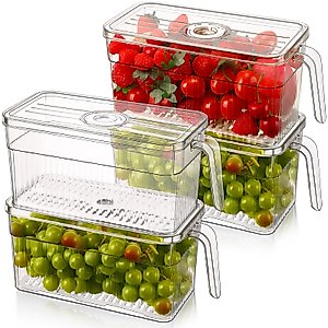 Blushtier 4 Pcs Fridge Organizer Bins with Drain Tray and Lid Handle Plastic Stackable Timer Keep Fresh Sealed Food Storage Container for Vegetables Fruit Salad Lettuce, 10 x 5.3 x 5.3 (Drain Tray)