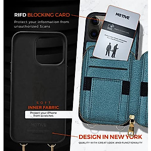 MOTIVE for iPhone 14 Pro Max Wallet Case Designed in New York, Crossbody Phone Case for Apple iPhone 14 Zipper Purse Case Wallet with RFID Blocking Card Holder | 6.7" Blue Teal - Fancy Series