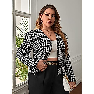 WDIRARA Women's Plus Size Houndstooth Print Long Puff Sleeve Open Front Jacket Blazer Black and White 3XL