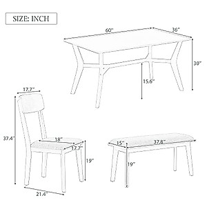 Lifeand Piece, Wooden Dining Table and Fabric Chairs with Bench(Antique Yellow+Gray), Mid-Century Style Set for 6