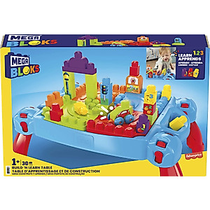 Mega Bloks First Builders Build 'n Learn Table with Big Building Blocks, Building Toys for Toddlers (30 Pieces)