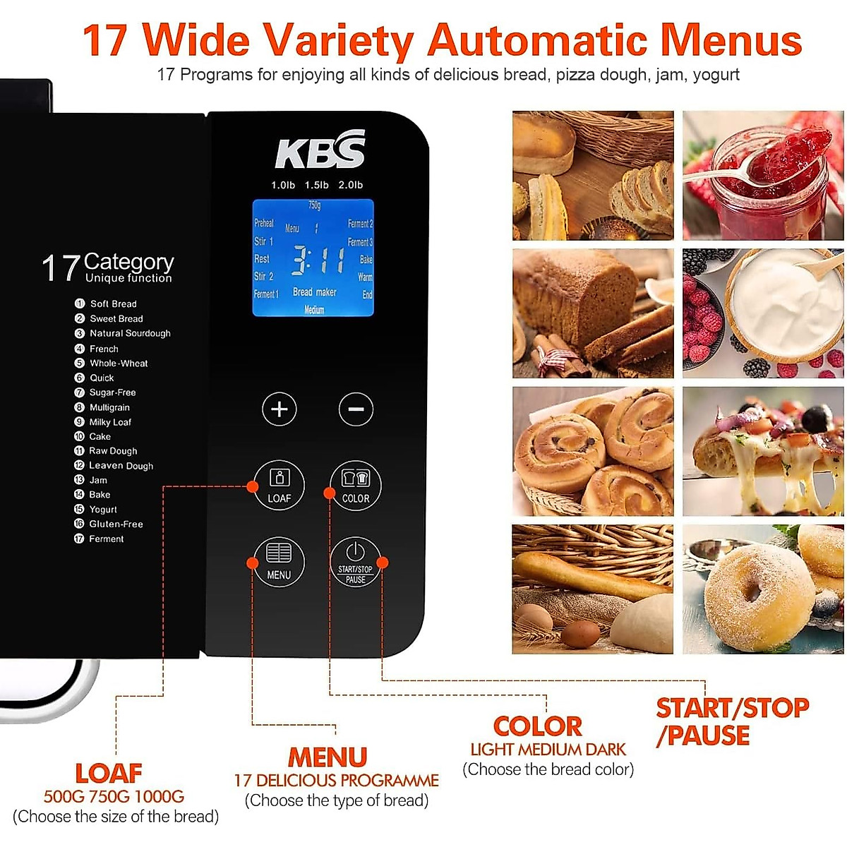 KBS 17-in-1 Bread Maker,710W Dual Heaters Bread Machine,2LB Stainless Steel Bread Maker Machine with Nut Dispenser&Ceramic Pan,15H Timer&1H Keep Warm,Gluten-Free,Touch Panel,3 Loaf Sizes3 Crust Colors