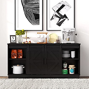 Panana Bar Cabinet with Barn 2 Sliding Doors Buffet Farmhouse Storage Cabinet TV Stand (Black)
