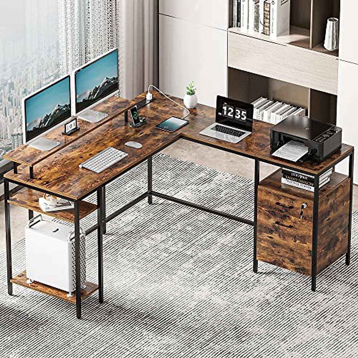 SUPERJARE Reversible Computer Desk with Power Outlets & File Cabinet, L Shaped Desk with Monitor Stand & Storage Shelves, Corner Desk Home Office Desk, Rustic Brown