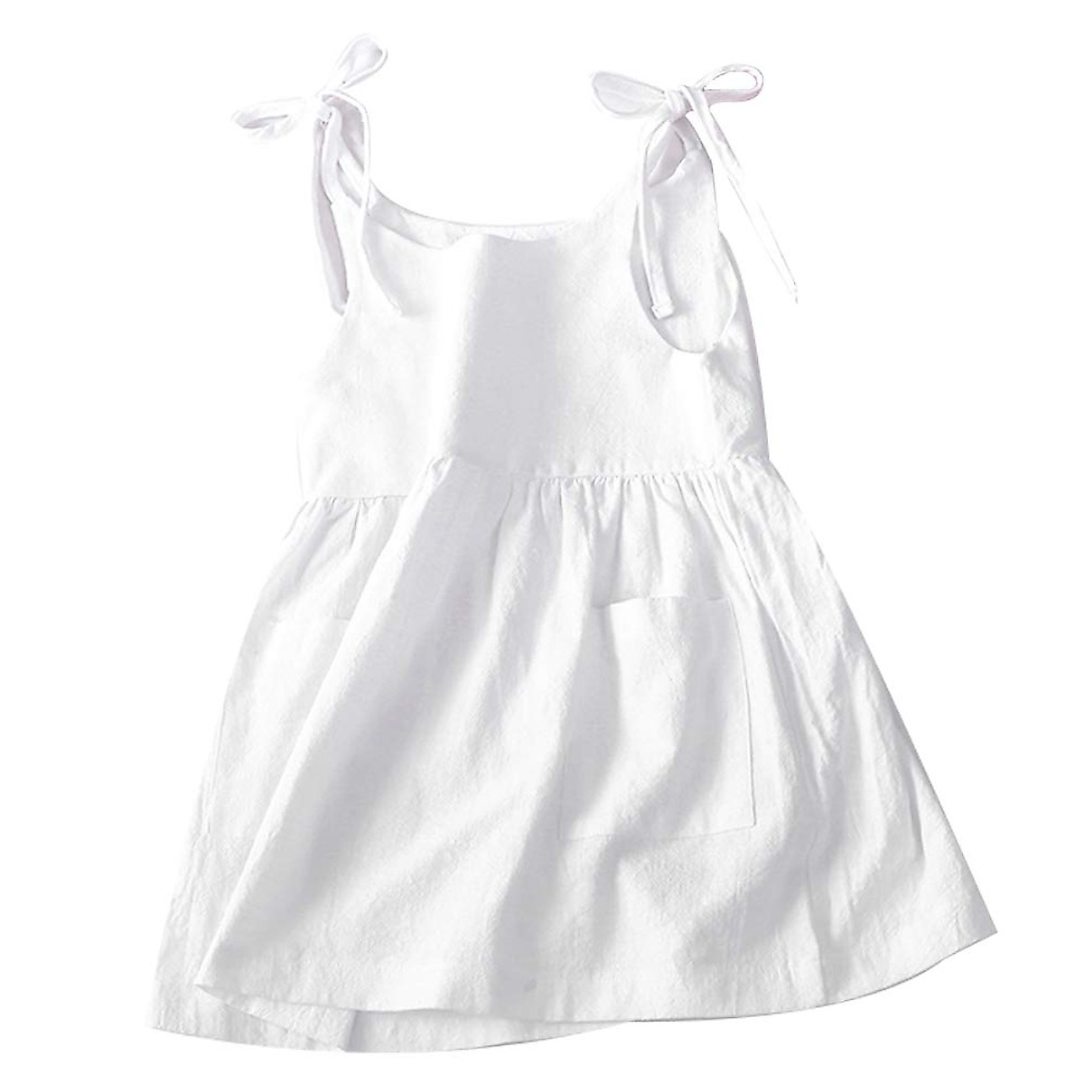 Toddler Baby Girl Summer Cotton Linen White Dresses Bow Straps Sleeveless with Pockets Little Girls Beach Sundress (White, 3-4T)