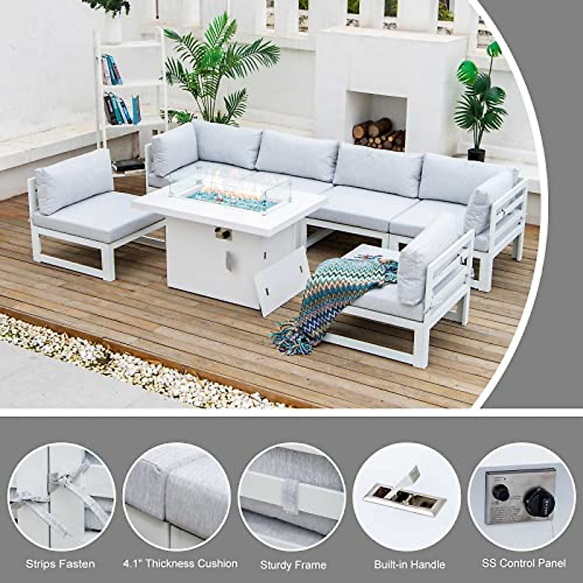 NICESOUL® Aluminum Patio Furniture Set with Fire Pit Table 43" Propane Gas Convertable CSA Approved Outdoor Luxury Conversation Sofa Set with Firepit White Color