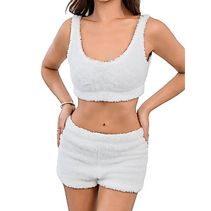 SweatyRocks Women's Fuzzy Pajamas Set Crop Tank Top With Shorts Loungewear White M