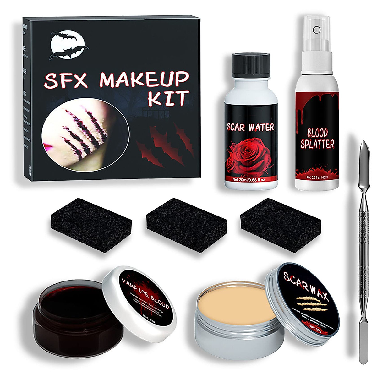 Halloween SFX Makeup Kit,Scars Wax,Fake Blood Gel,Fake Blood Spray,Spatula, Stipple Sponge,Scar Water,Create Fake Wound Special Effects Makeup Kit,Make Specail Effects For Halloween Festival & Party